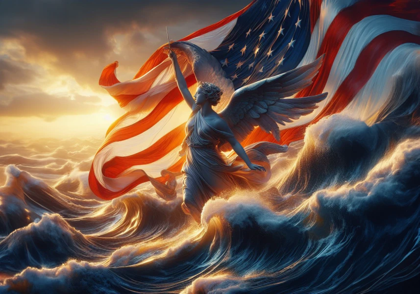 American flag and angel in wavy sea - Photowik